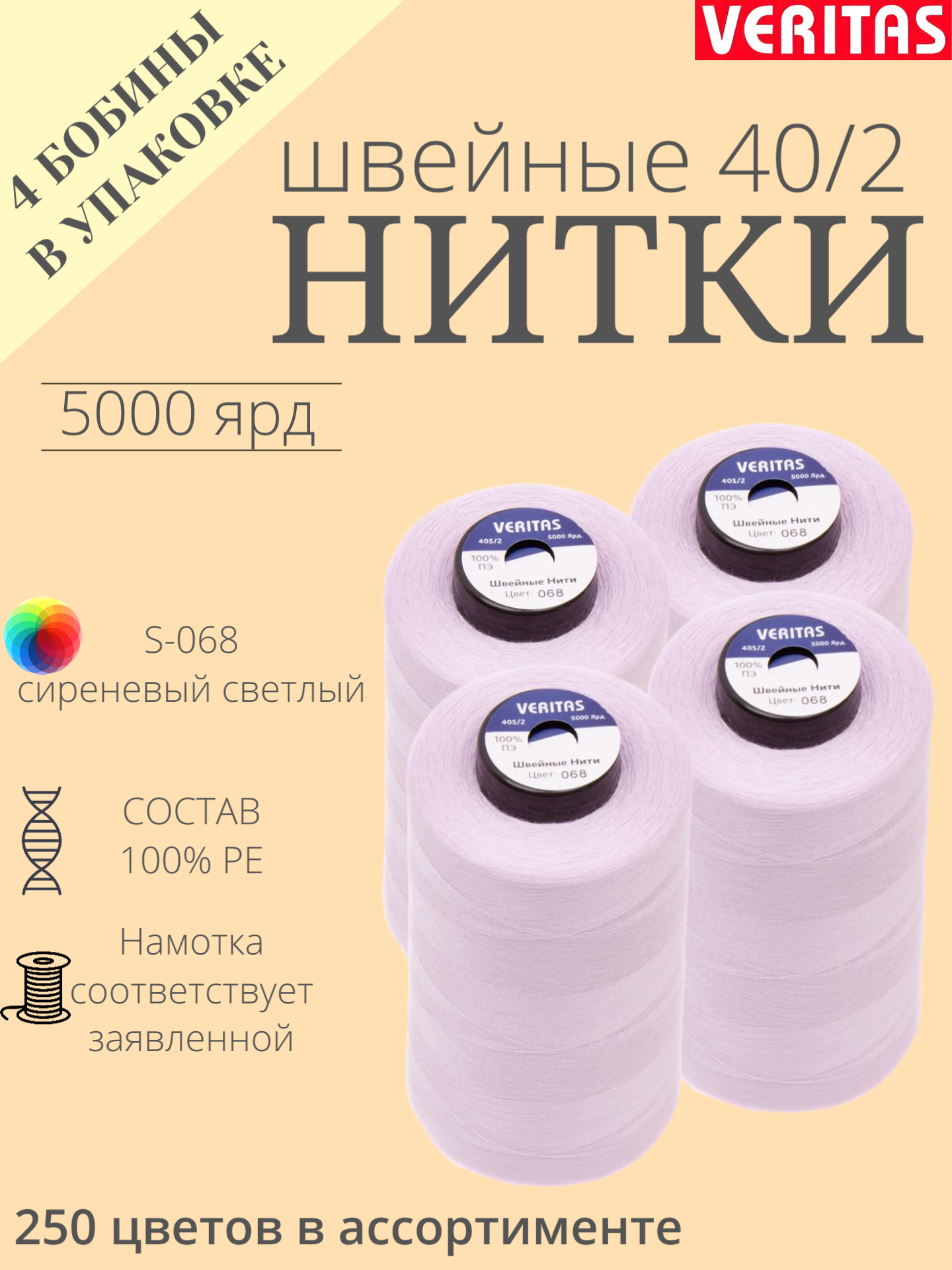 Нитки швейные 40/2 набор 4 бобины VERITAS S-068, намотка 5000ярд