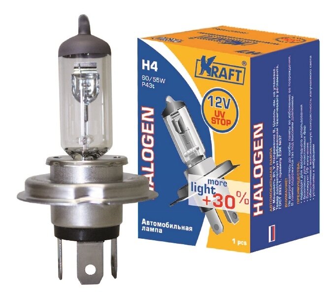 Лампа H4 12V 60/55W P43t +30% / Kraft / KT 700077