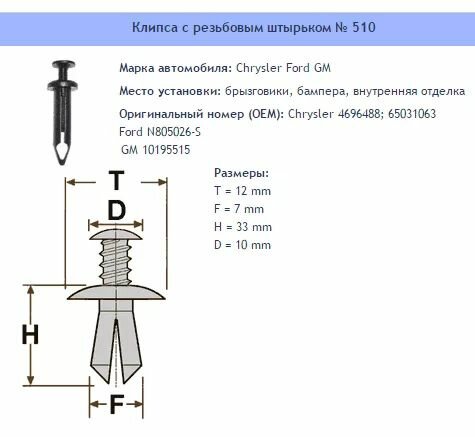 Клипса № 510 Clipston / Autokrep GM Chrysler, Ford Брызговики, подкрылки, бампера, 10 шт