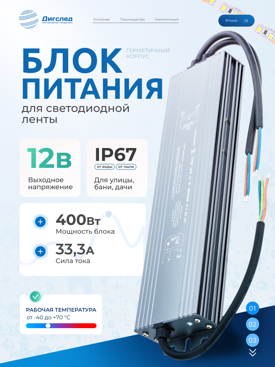 Блок питания 12В / 400Вт для LED-ленты, светодиодной ленты, люстры, лампы, модулей, драйвер 12V /400W DIGSLED