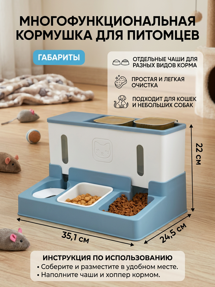 Автоматическая тройная кормушка для кошек и собак Oqqi, с поилкой