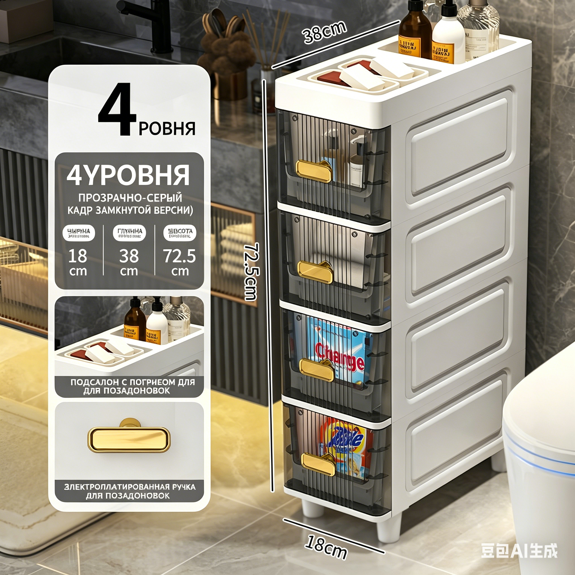 Тумба для ванной "Ультратонкий выдвижной шкаф для хранения", пластик/HPL, 18х38х72,5 см