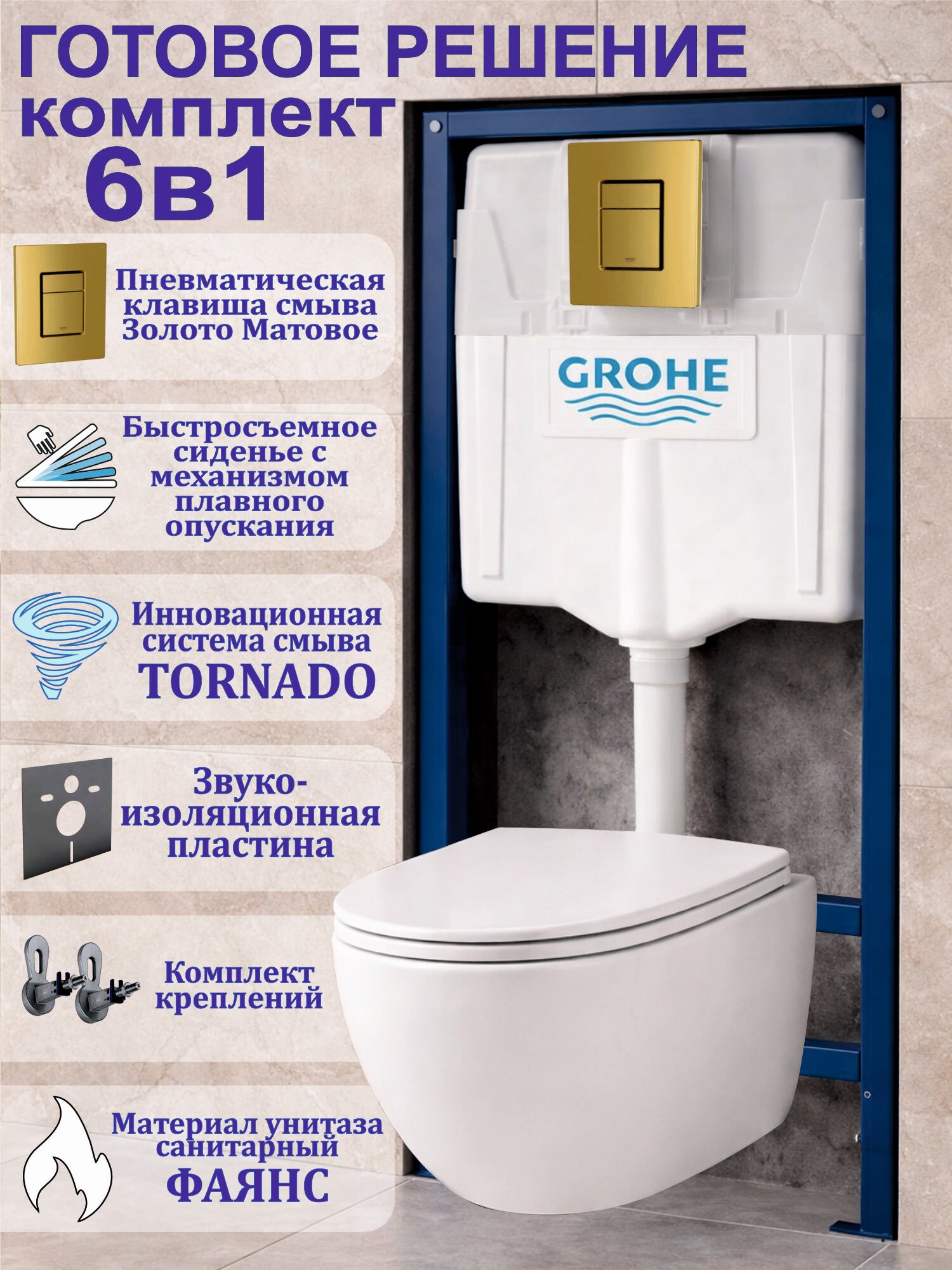 Комплект: инсталляция GROHE с подвесным унитазом GROSSMAN 4455, безободковый, белый с крышкой, микролифт, смыв торнадо, кнопка смыва Золото Матовое