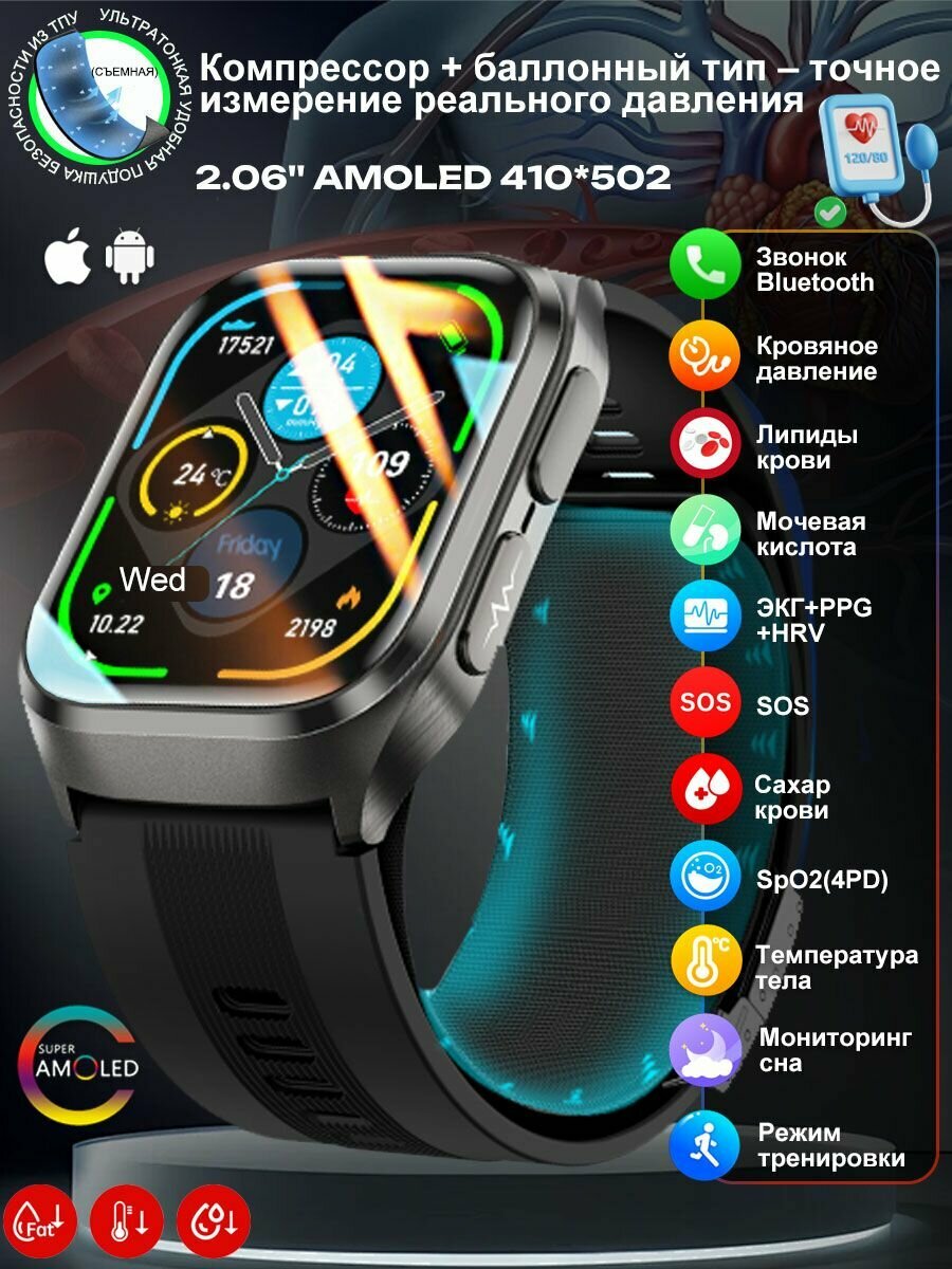 Cмарт часы с измерением давления и с экг, HRV, PPG
