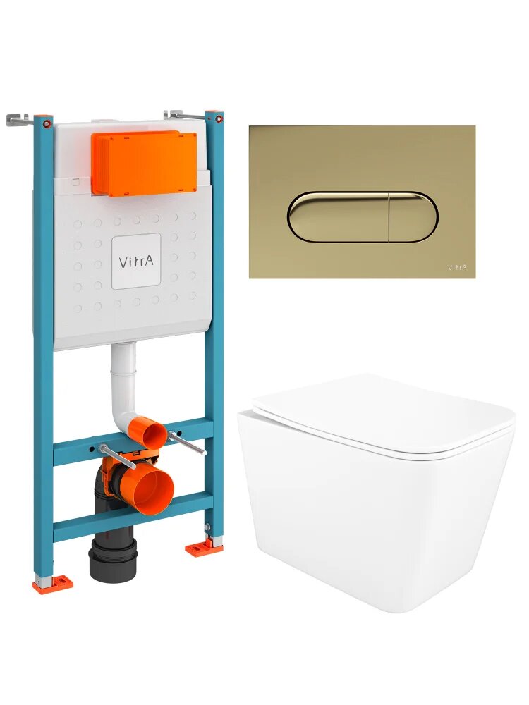 Комплект 5 в 1: Инсталляция VitrA Ви-Фикс Кор (V-Fix Core) 732-5800-01 / Унитаз подвесной STWORKI Молде S23401WH / Сиденье с микролифтом, Кнопка Рут Раунд (Root Round) 740-2224, золото глянец, Комплект креплений