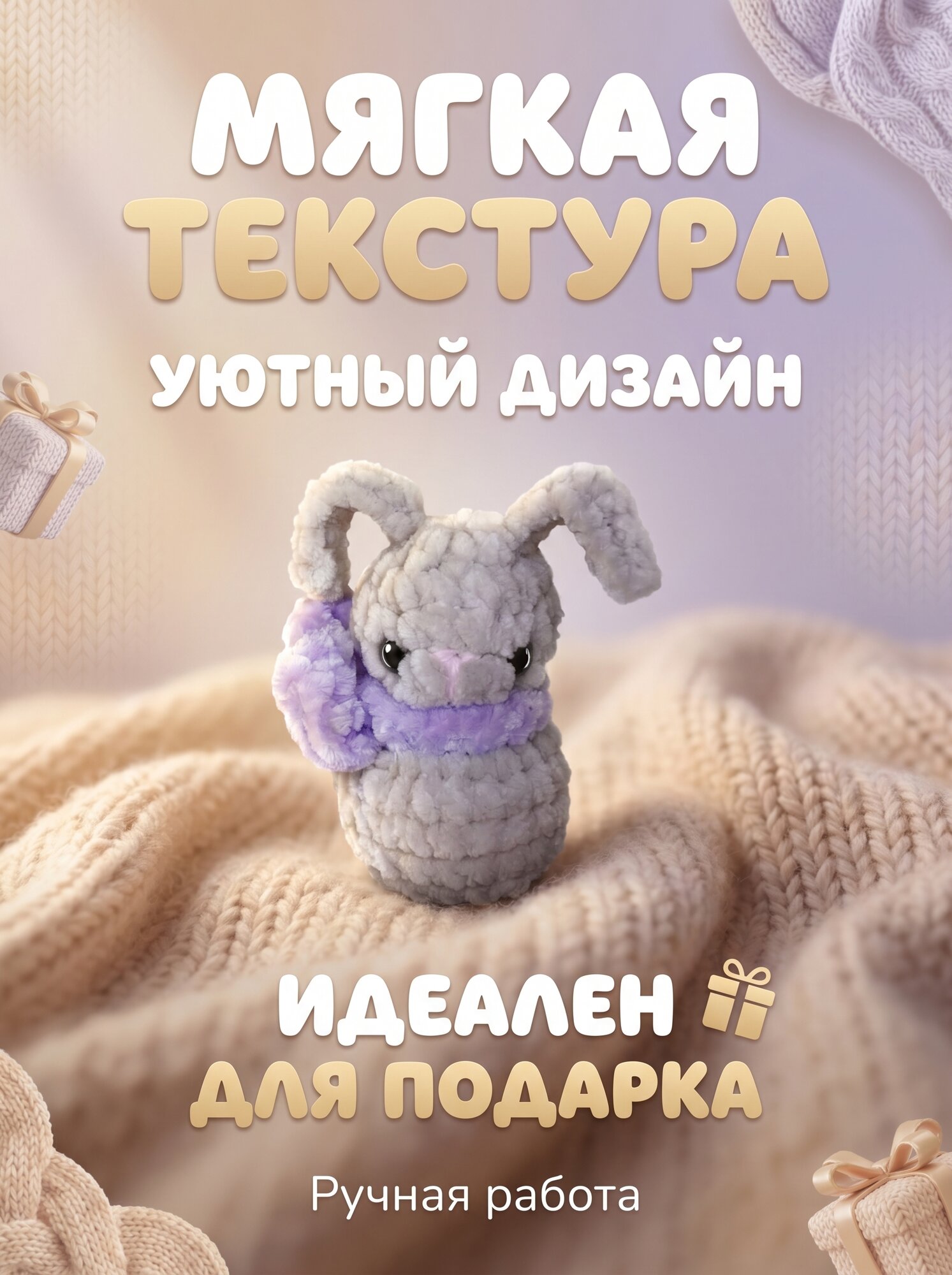 Мягкая игрушка Юренок "Зайчик", ручная работа, гипоаллергенная пряжа, наполнитель холлофайбер