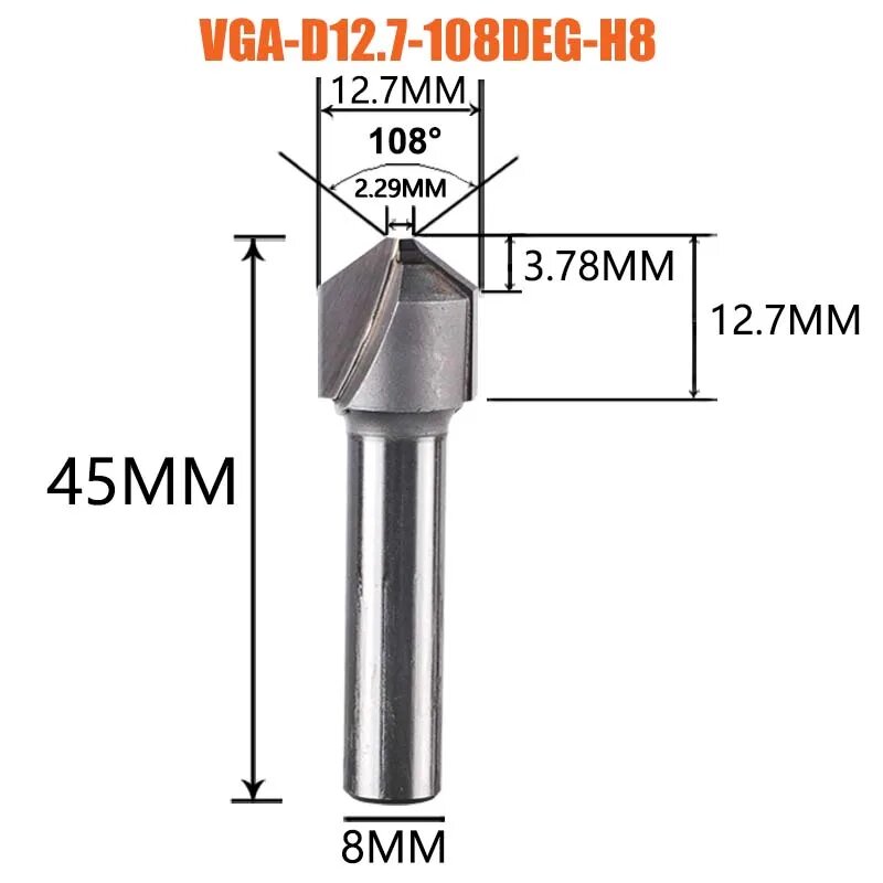 Фреза V-образная VGA-D12.7-108DEG-H8, 8 мм