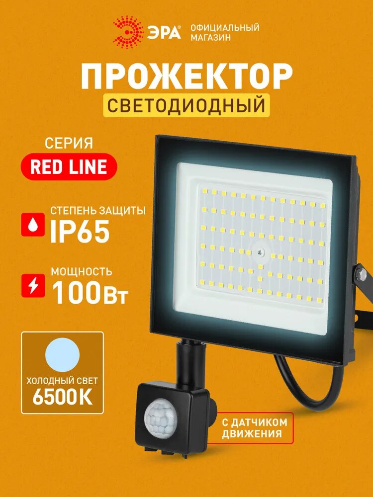Прожектор светодиодный уличный влагозащищенный ЭРА LPR-024-2 100Вт 8000лм 6500К IP65 от сети регулируемый ИК датчик движения