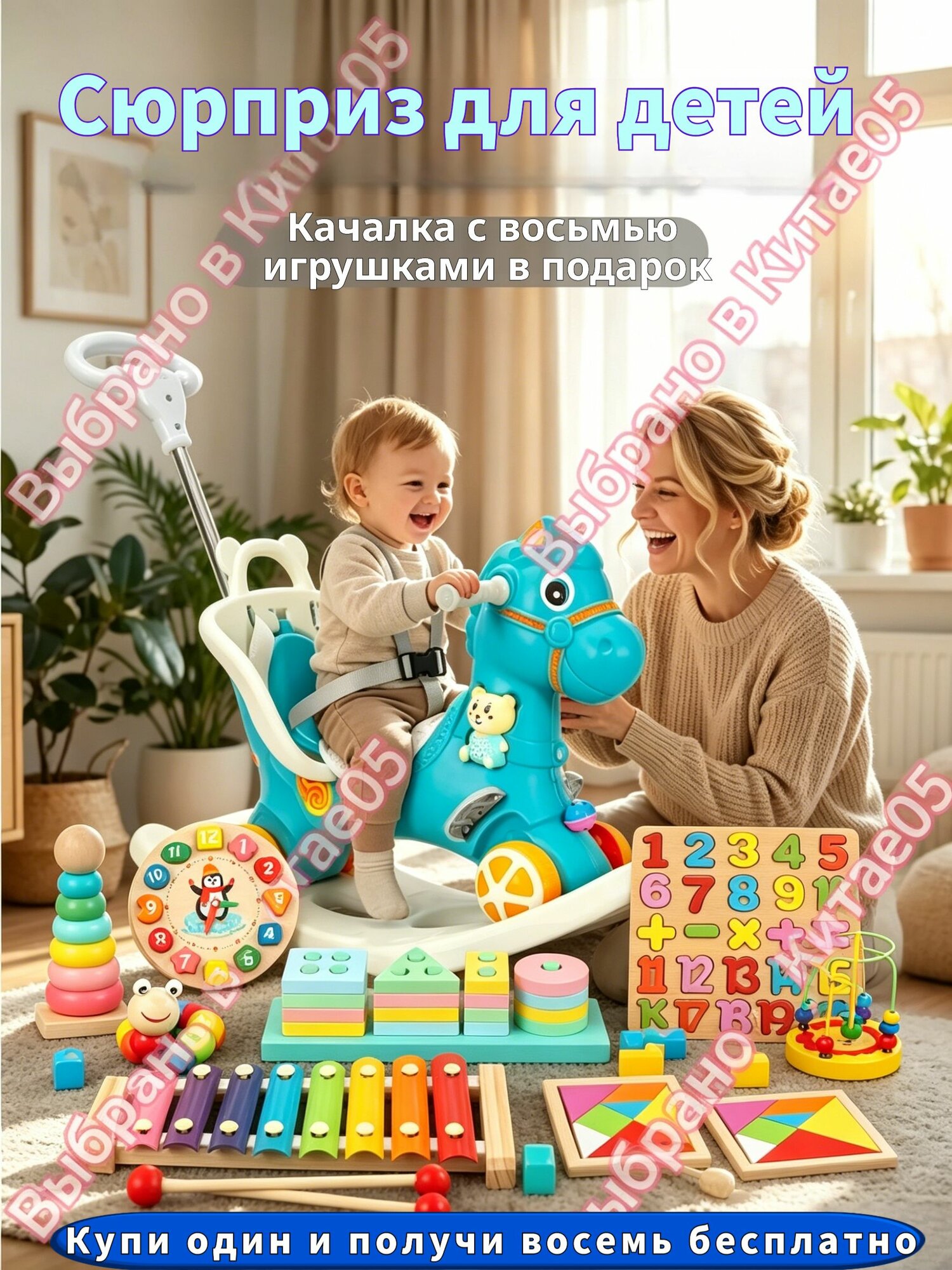 Лошадка-качалка "три в одном" и прогулочная коляска с педалями + набор игрушек из восьми предметов