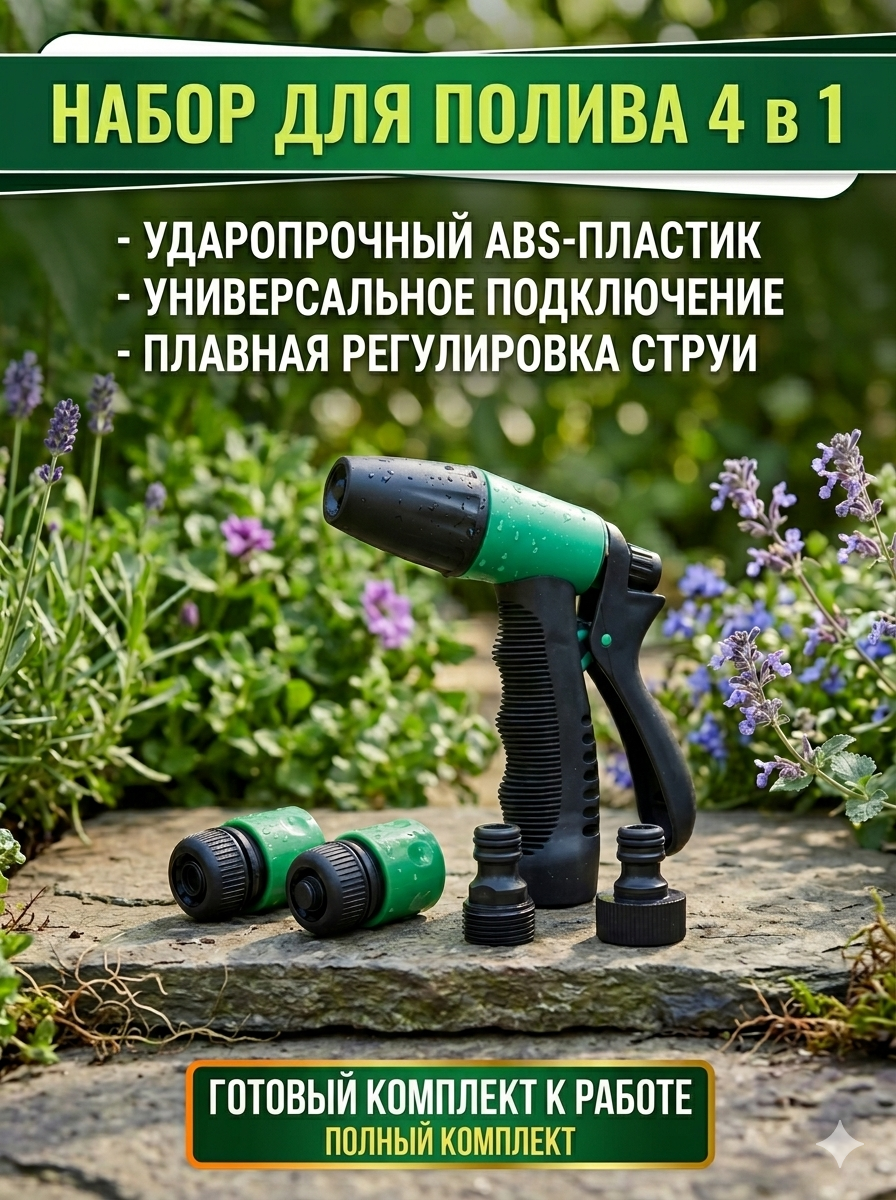 Универсальный набор для садового шланга FROG TOOLS HL167 (душ-пистолет + насадки с аквастопом), 4 предмета