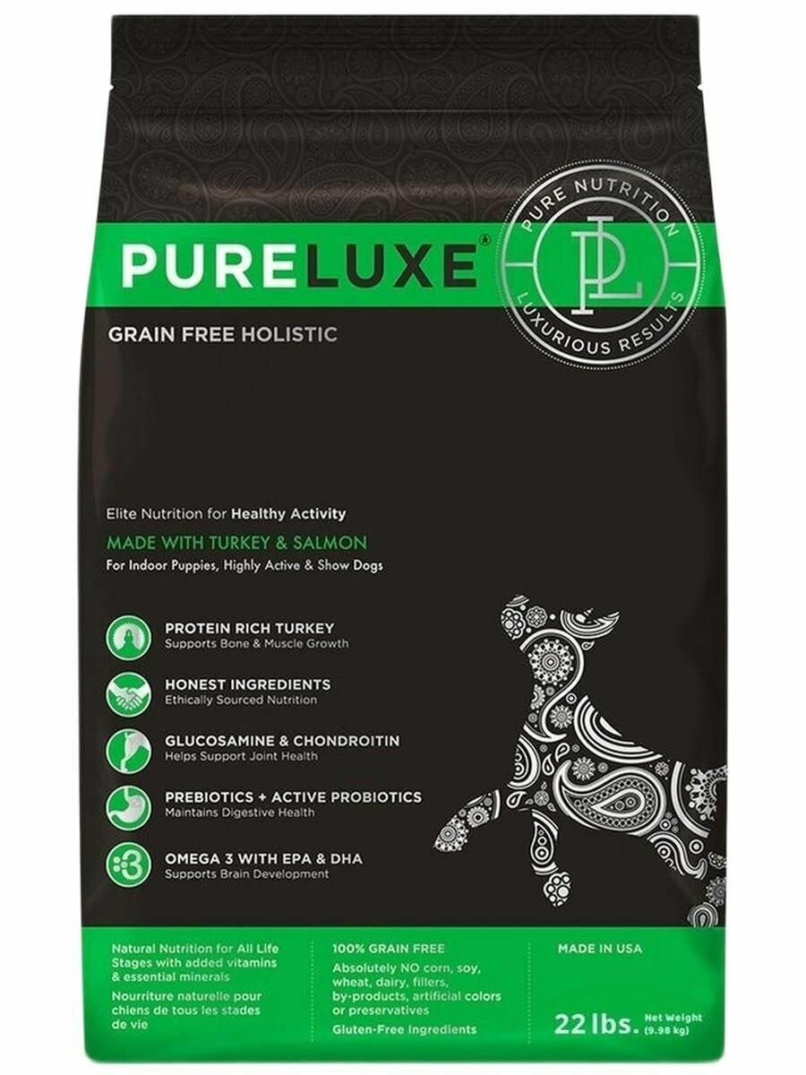 Сухой беззерновой корм PureLuxe Пурлюкс для активных собак с индейкой и лососем 9,98 кг