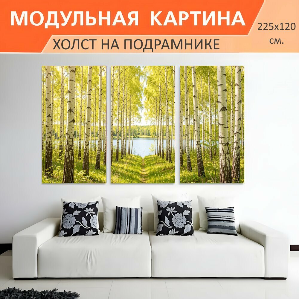 Модульная картина на холсте "Берёзовая роща у озера. Солнечный лесной пейзаж с высокими белоствольными деревьями, зелёной травой и." триптих на подрамнике 225х120 см. для интерьера