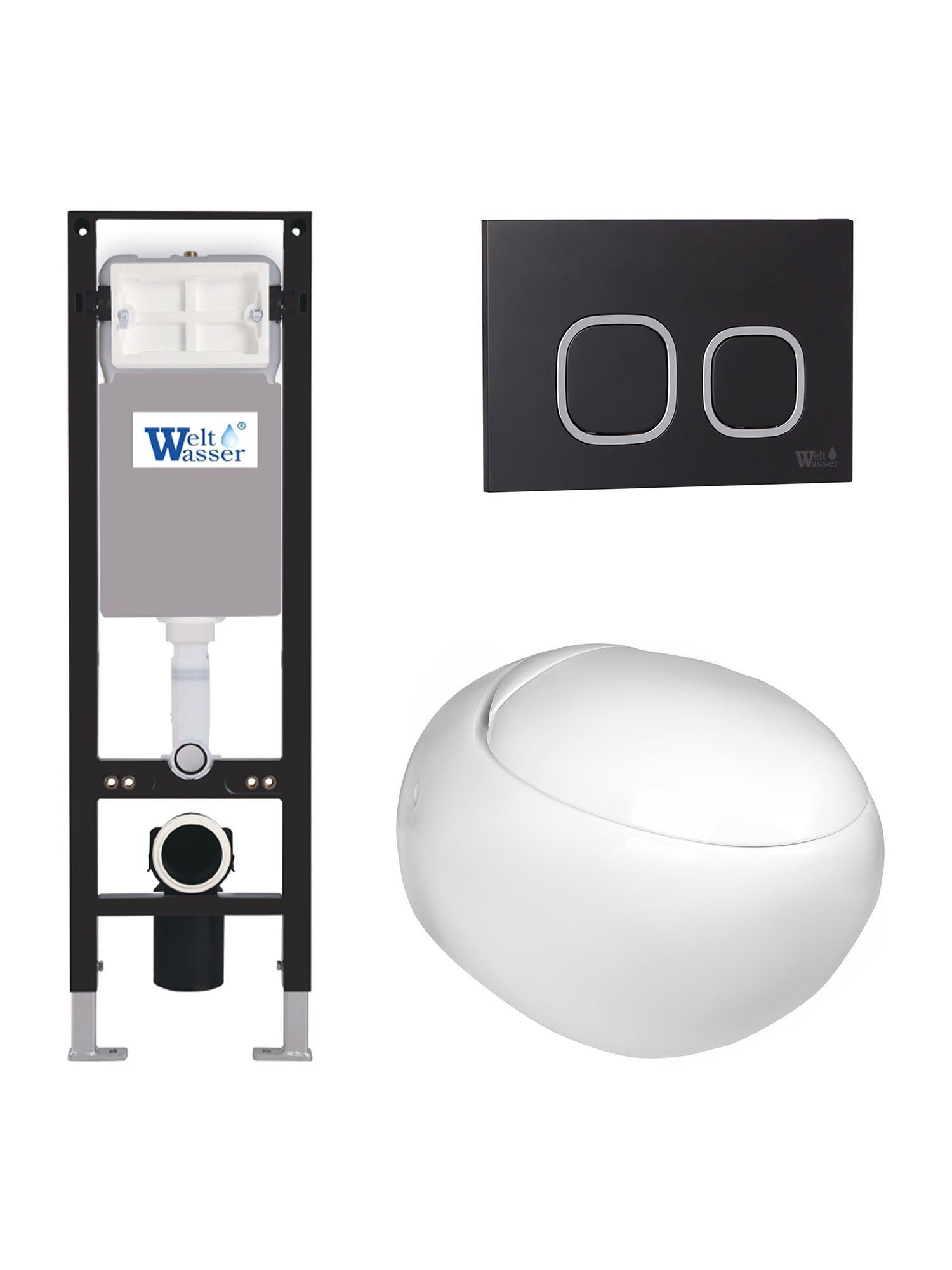 Комплект 3 в 1 Унитаз подвесной WeltWasser JECKENBACH 004 GL-WT безободковый+Инсталляция AMBERG 350 с кнопкой AMBERG RD-BL черная матовая