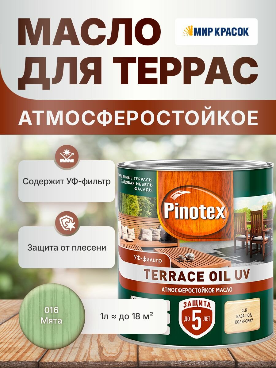 PINOTEX TERRACE OIL UV колерованное масло для террас, фасадов и садовой мебели, цвет: Мята 016 (2,5л)