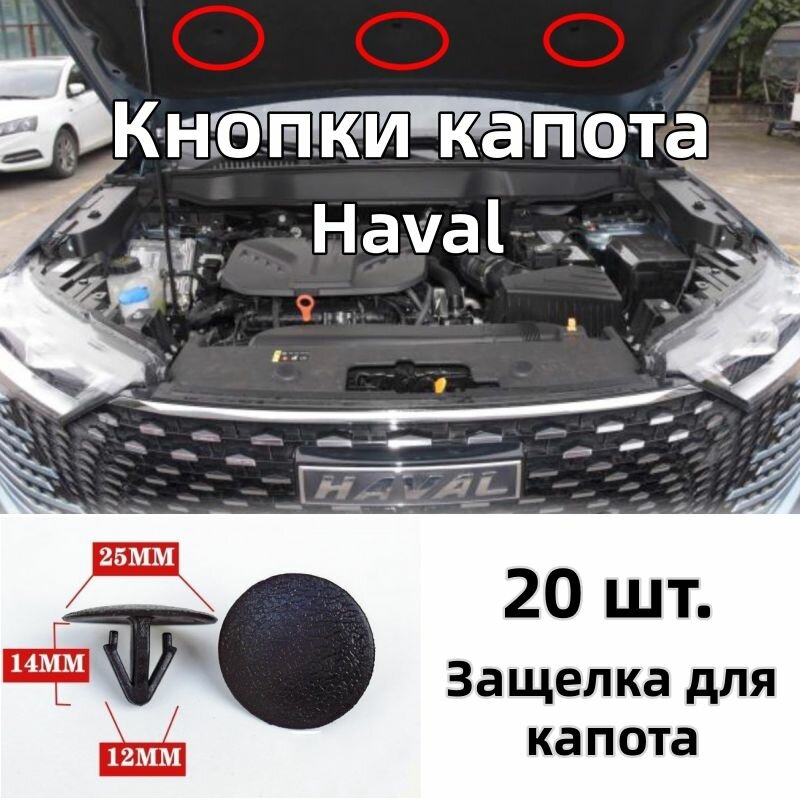 Клипсы для крепления утеплителя капота Haval, 20 шт — пистоны для подкапотного пластика (для Dargo, H2–H9, F5/F7, M6)