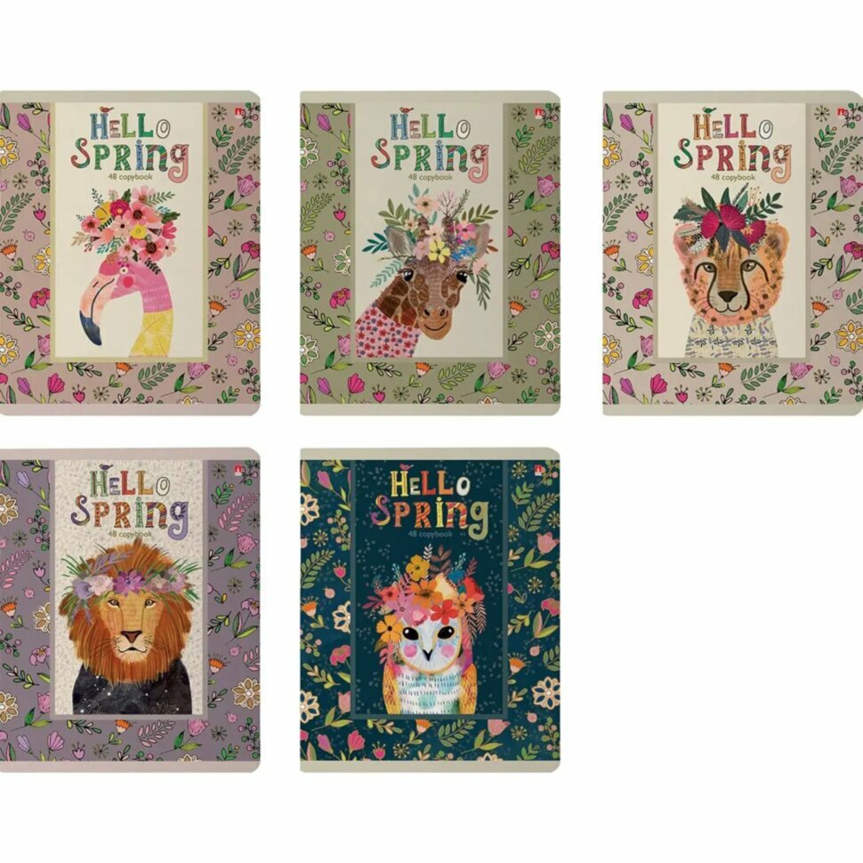 Тетрадь общая А5 ,48л, клетка, скрепка, HELLO SPRING, 5 шт в уп,7-48-448/5, 1226713