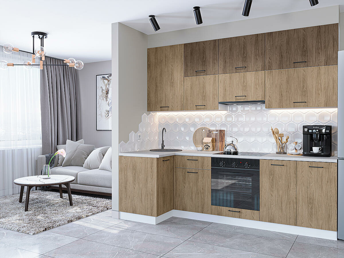 Готовый кухонный гарнитур кухня угловая Флэт-04 2340*890,2500*600 Brown Casella Oak 2S/Natural Casella Oak 2S
