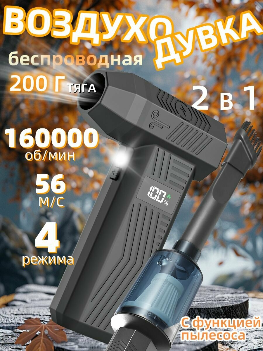 Воздуходувка аккумуляторная мощная 2 в 1/ ветродуйка с функцией пылесоса/ воздуходувка для компьютера/ турбовентилятор 160000 об/мин, 8000 мАч.