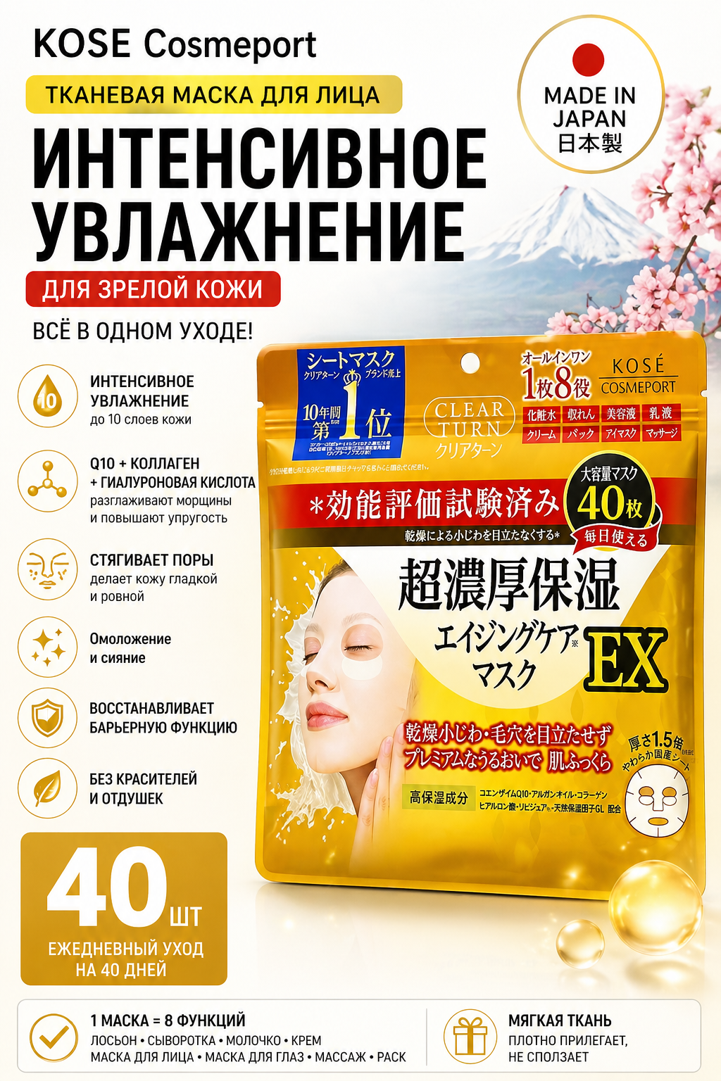 Маска для лица тканевая Clear Turn интенсивно увлажняющая Q10 с коллагеном и гиалуроновой кислотой 40шт