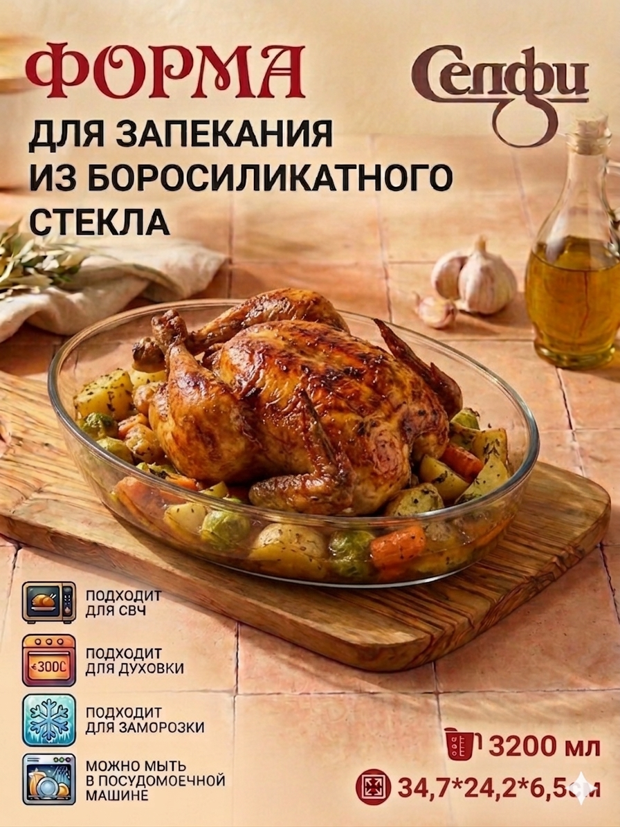 Форма для запекания «Селфи» 3,2л, овальная, стекло, 34,7х24,2х6,5см