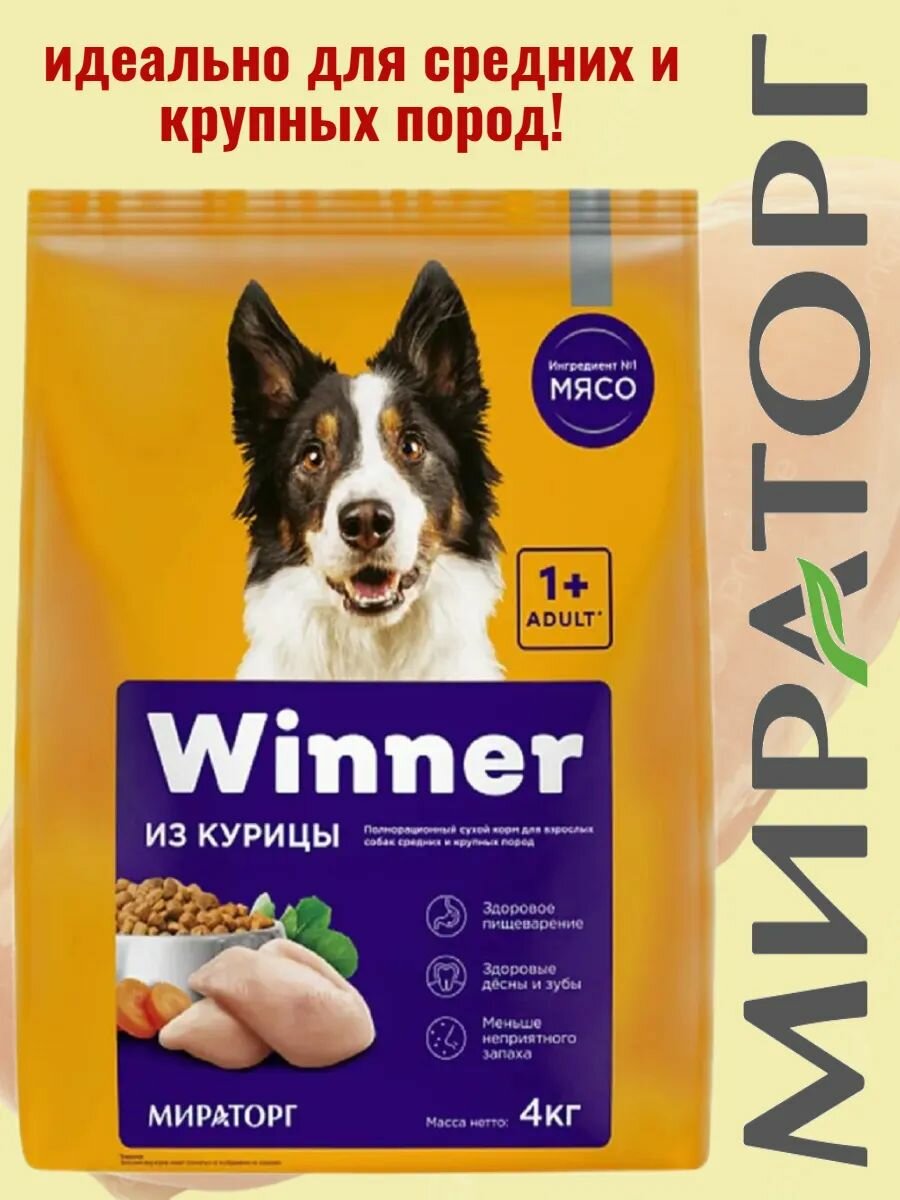 Корм Мираторг Winner, для средних и крупных пород собак, с курицей, 4кг