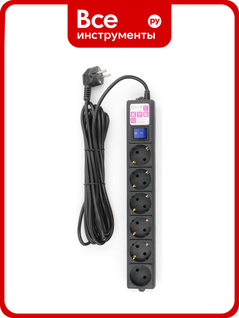 Фильтр-удлинитель Power Cube куб 5,0 м, 6 розеток, черный, 16а/3,5квт, SPG6-B5M, 50г, пластиковая