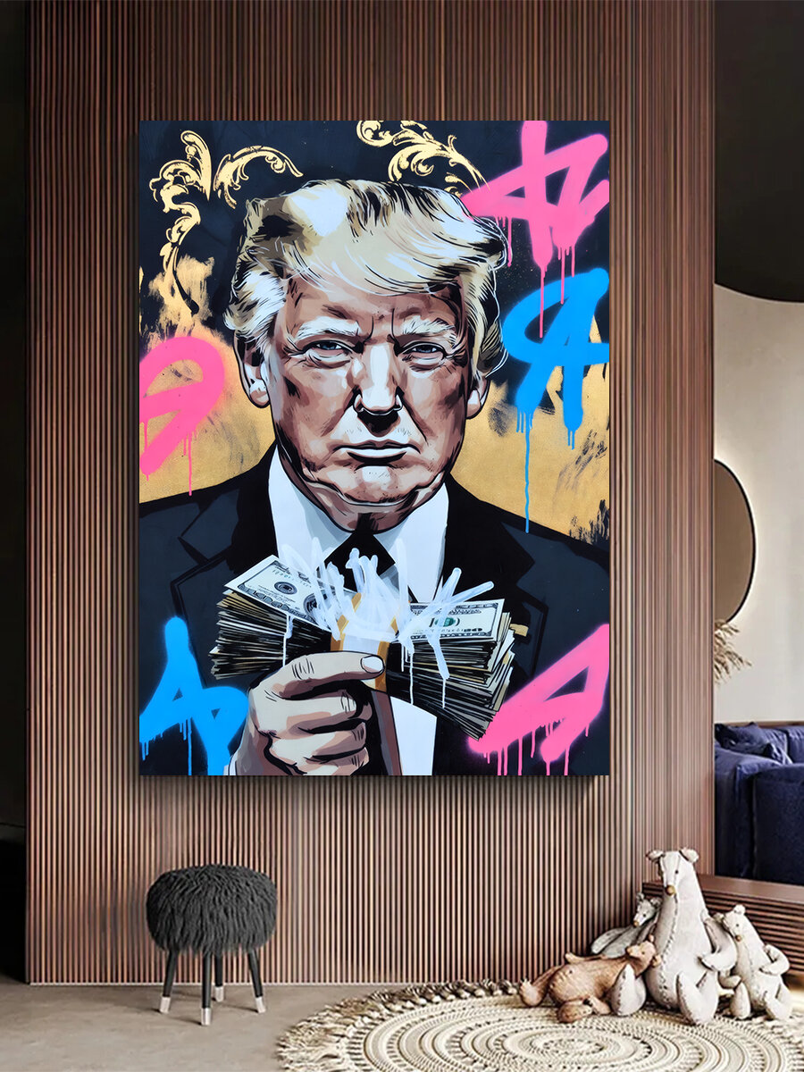 Картина на холсте «Дональд Трамп держит пачки денег на ярком графическом фоне» для камерной стены, в интерьере, 30×40 см