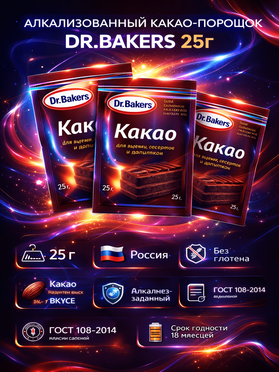 Какао-порошок DR.BAKERS, 25г x 3 упаковки