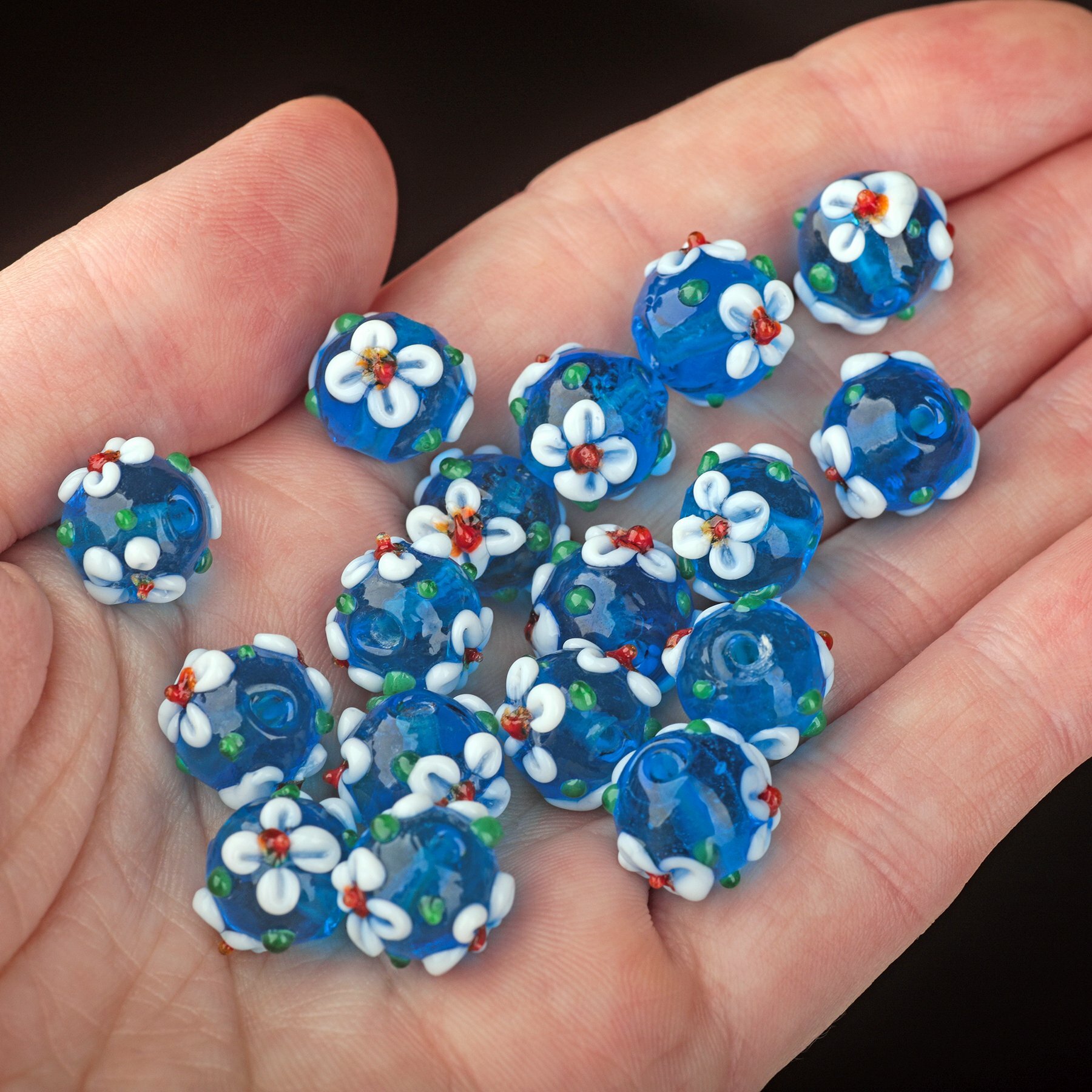 Бусины Лэмпворк стекло 8 шт, цв. темно-голубой/белый, 11-12x10 мм