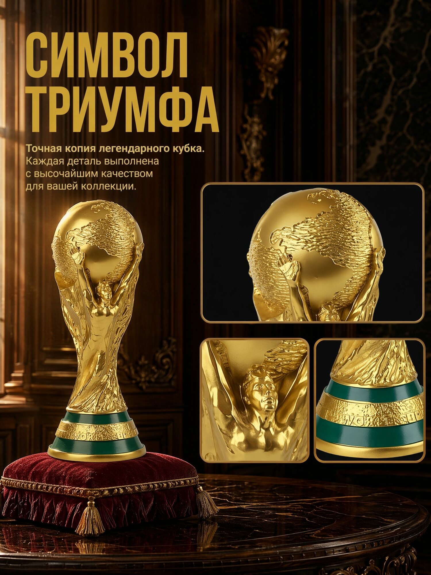 Точная копия кубка ЧМ-2026 36 см, Статуэтка "Победитель" настольная, Украшение дома офиса