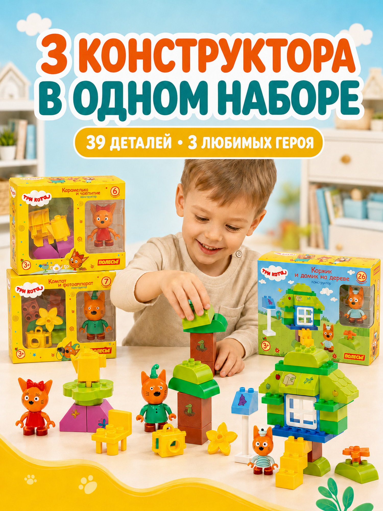 Конструктор Полесье "Три кота", 39 деталей, пластик, универсальный, для детей