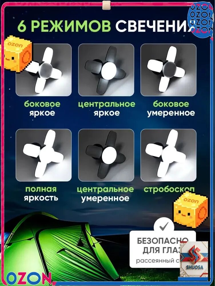 Кемпинговый фонарь с аккумулятором 5200mah, Powerbank, на солнечной батарее, до 14 часов, белый — фото 1