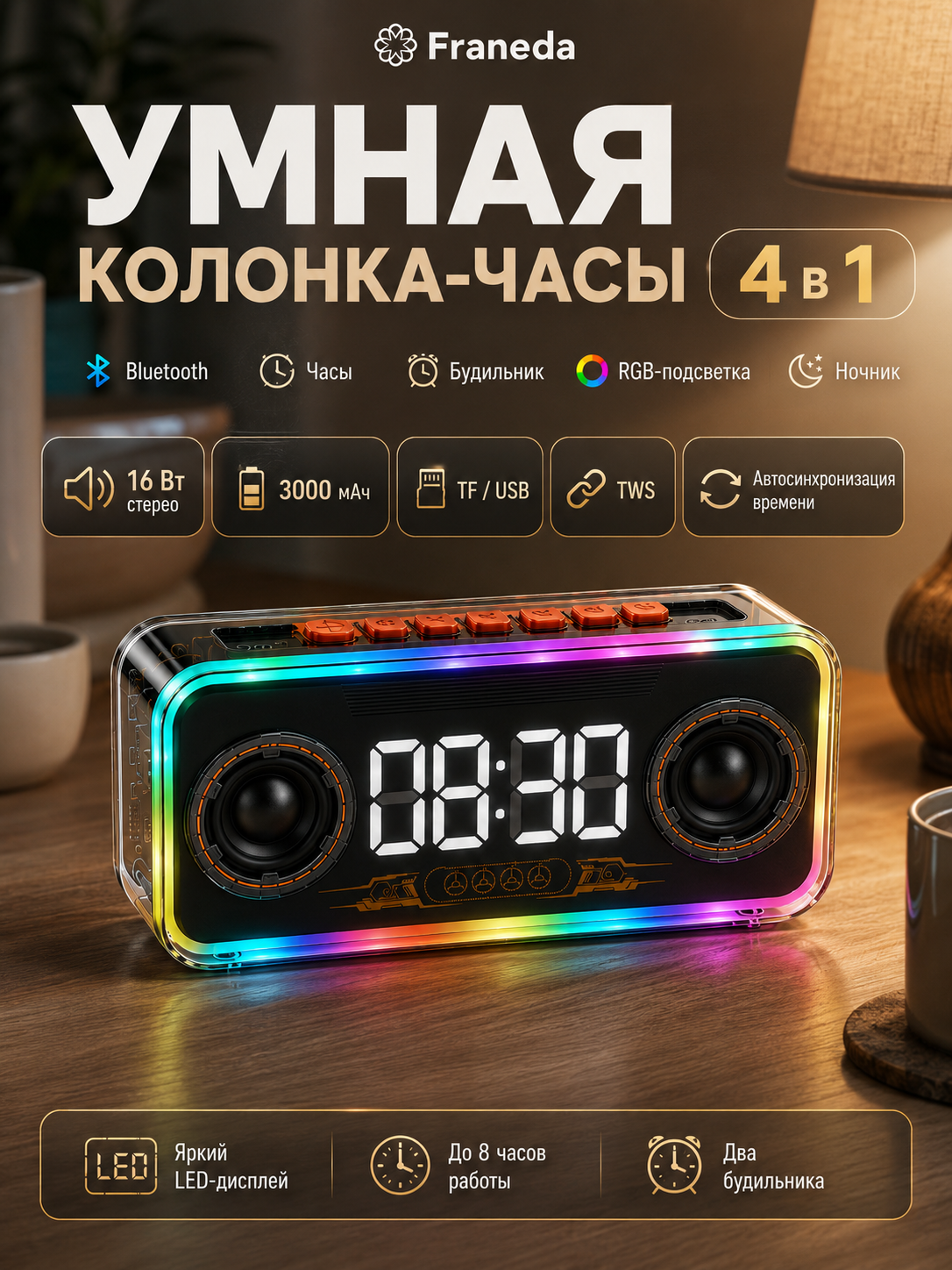 Портативная колонка-часы Franeda FD-B013 16 Вт с Bluetooth 5.3, FM-радио, будильником и RGB-подсветкой, черная