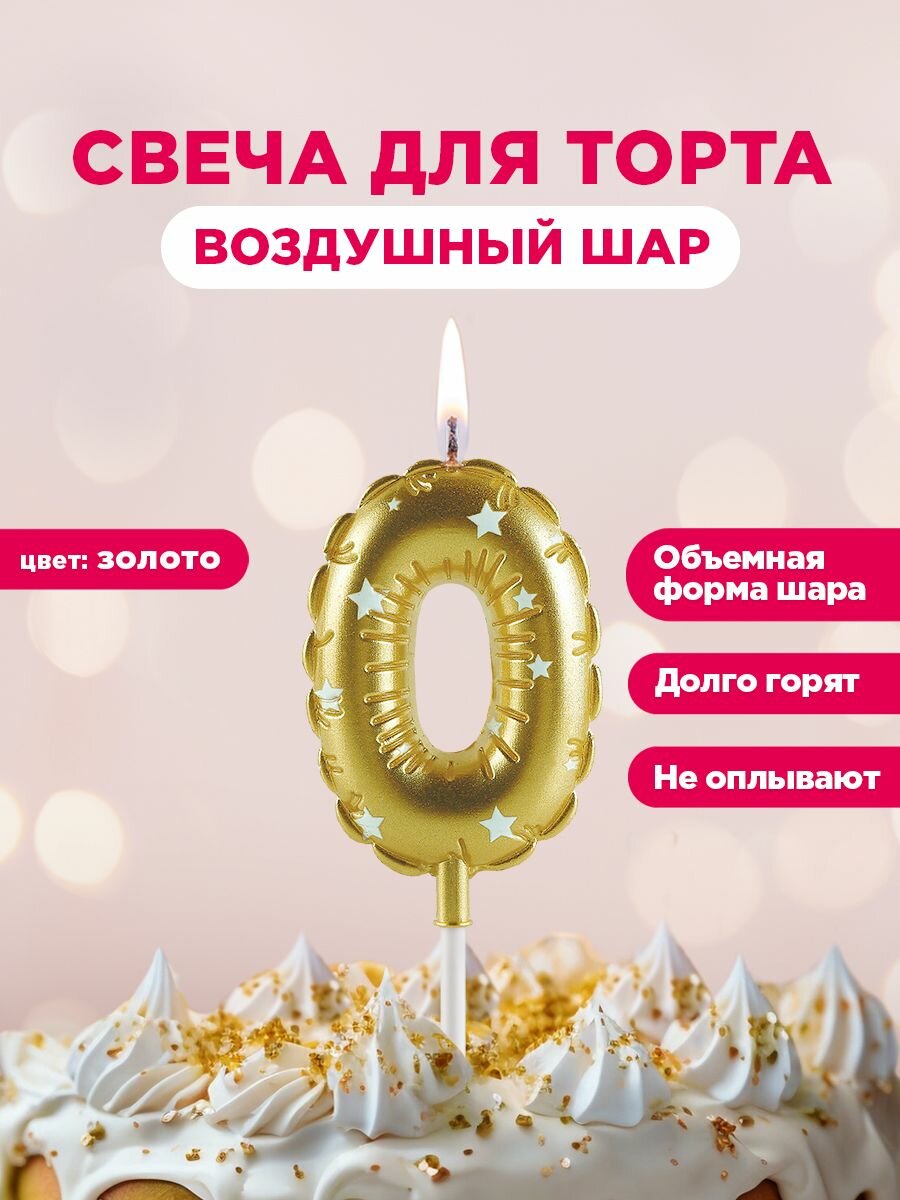Свеча для торта цифра Воздушный шар PATERRA, цифра 0, золотая