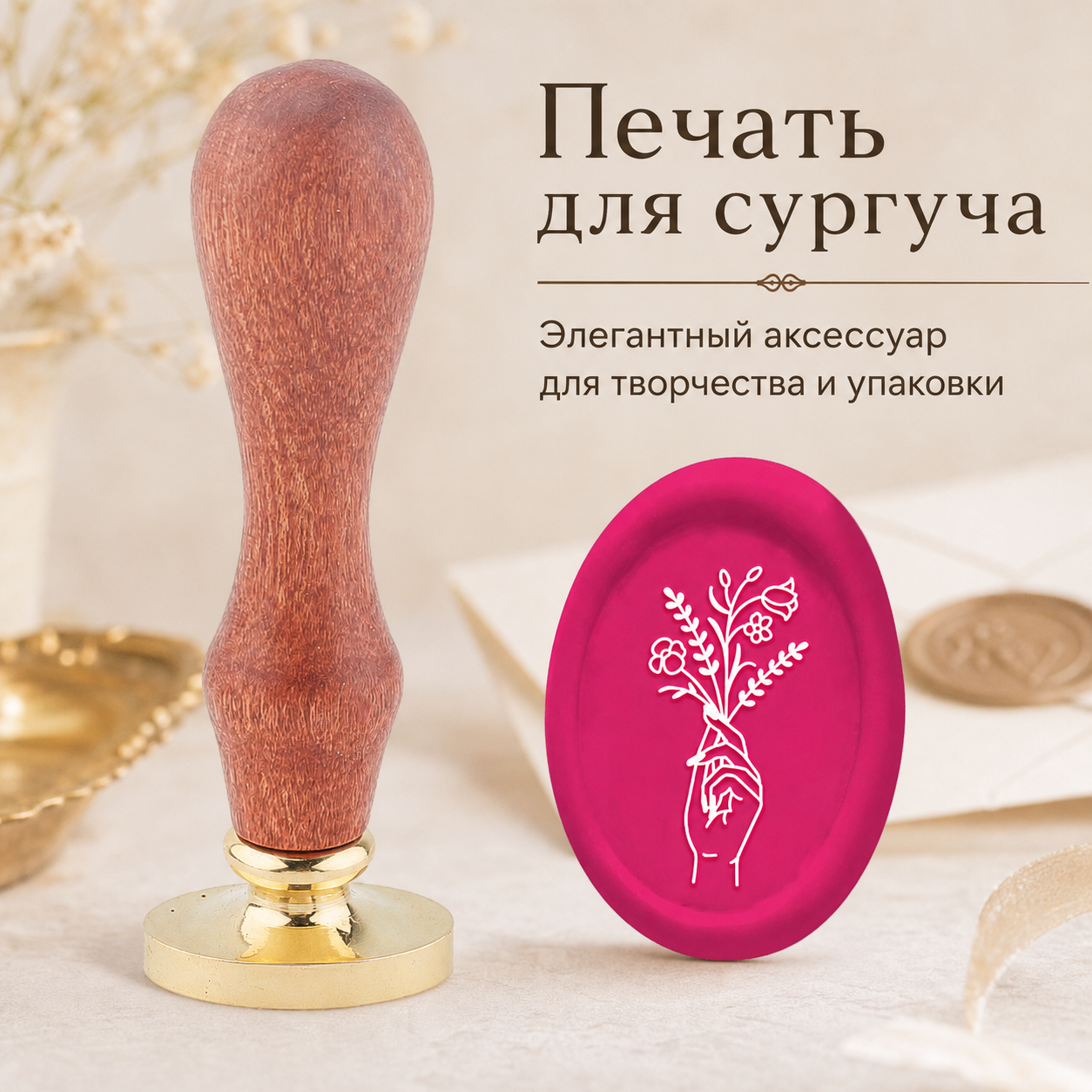 Набор из 1 шт. латунных штампов для сургучной печати. Латунная головка, деревянная ручка, ретро-штамп. Съемный.