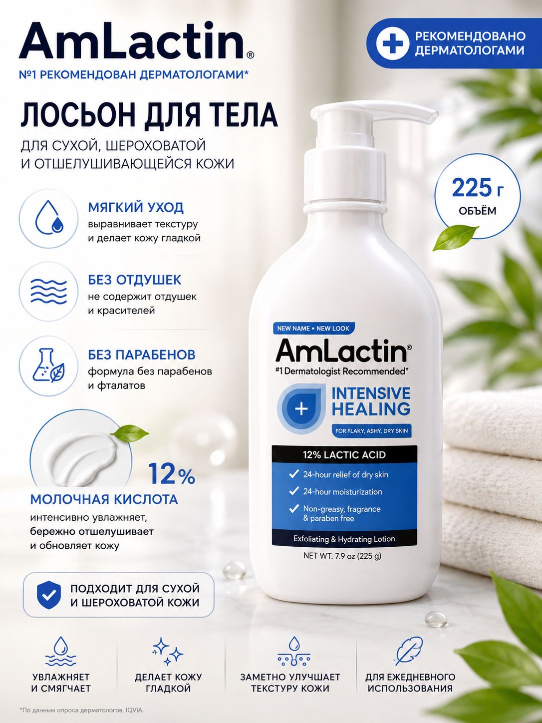 AmLactin лосьон для тела 225 г: для сухой кожи, отшелушивающ