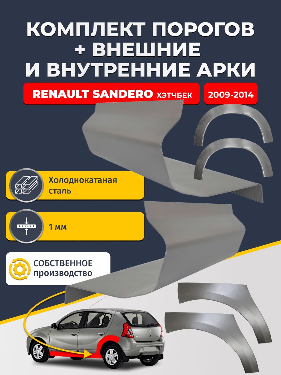Комплект ремонтных задних внешних и внутренних арок (0,8 мм) + комплект стандартных ремонтных порогов , на Renault Sandero 2009-2014 хэтчбек 5 дв (Рено Сандеро) Холоднокатаная сталь 1 мм