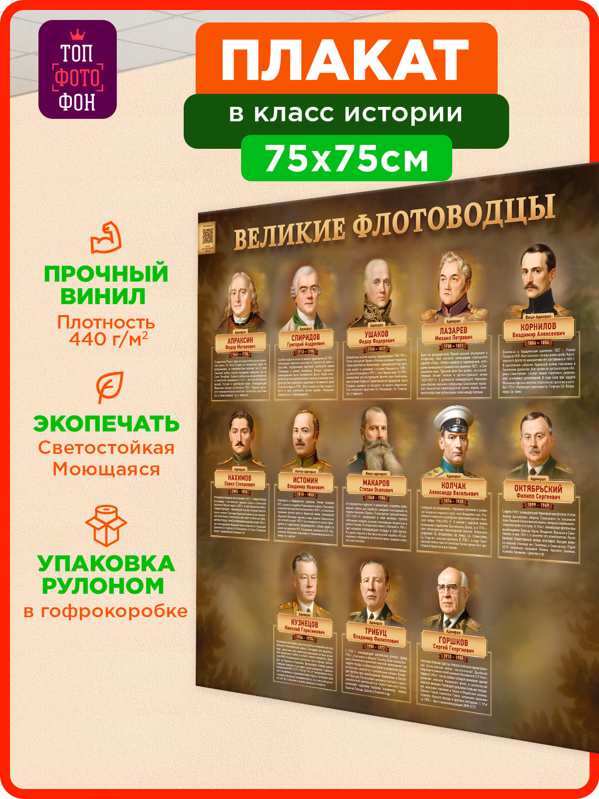 Топфотофон Баннер "Великие флотоводцы России", плакат для оформления стен в школу, 75х75 см
