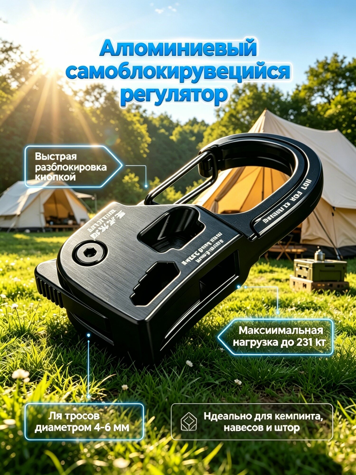 Карабин-натяжитель верёвки с автоблокировкой, быстрая регулировка натяжки, алюминий, для тента и палатки, нагрузка до 231 кг для кемпинга туристический походный
