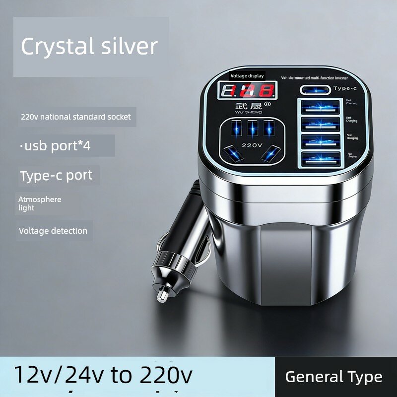 Автомобильный инвертор 12В/24В универсальный с 4 портами USB, Type-C, умным дисплеем и быстрой зарядкой -