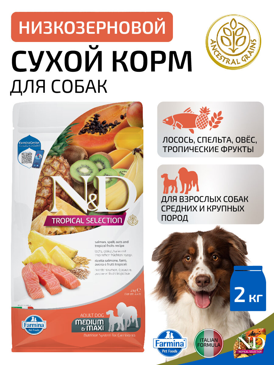 Сухой низкозерновой корм Farmina N&D Tropical Selection Dog Medium&Maxi для взрослых собак средних и крупных пород, лосось, 2 кг