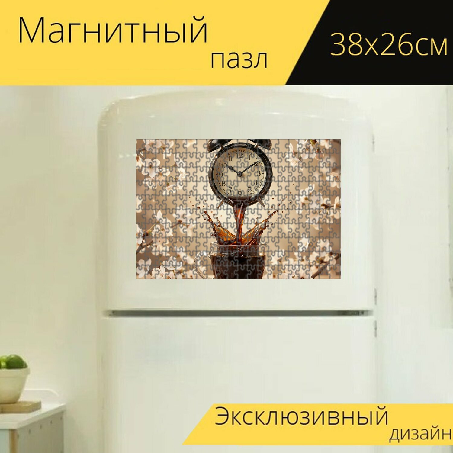 Магнитный пазл "Часы и кофе с цветами. Сюрреалистичная композиция в теплых бежево-коричневых тонах: антикварный будильник льет крепкий напиток в стеклянную." для интерьера, 38х26 см.