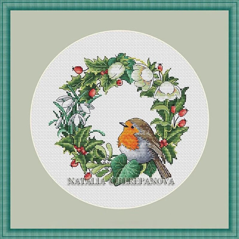 Набор для вышивки крестом "Робин в wreath", 18ct white
