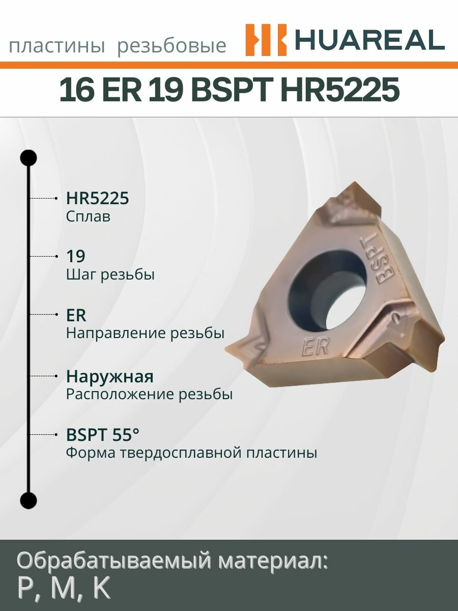 Сменная пластина резьбовая 16 ER 19 BSPT HR5225 от бренда HUAREAL,10 шт в наборе