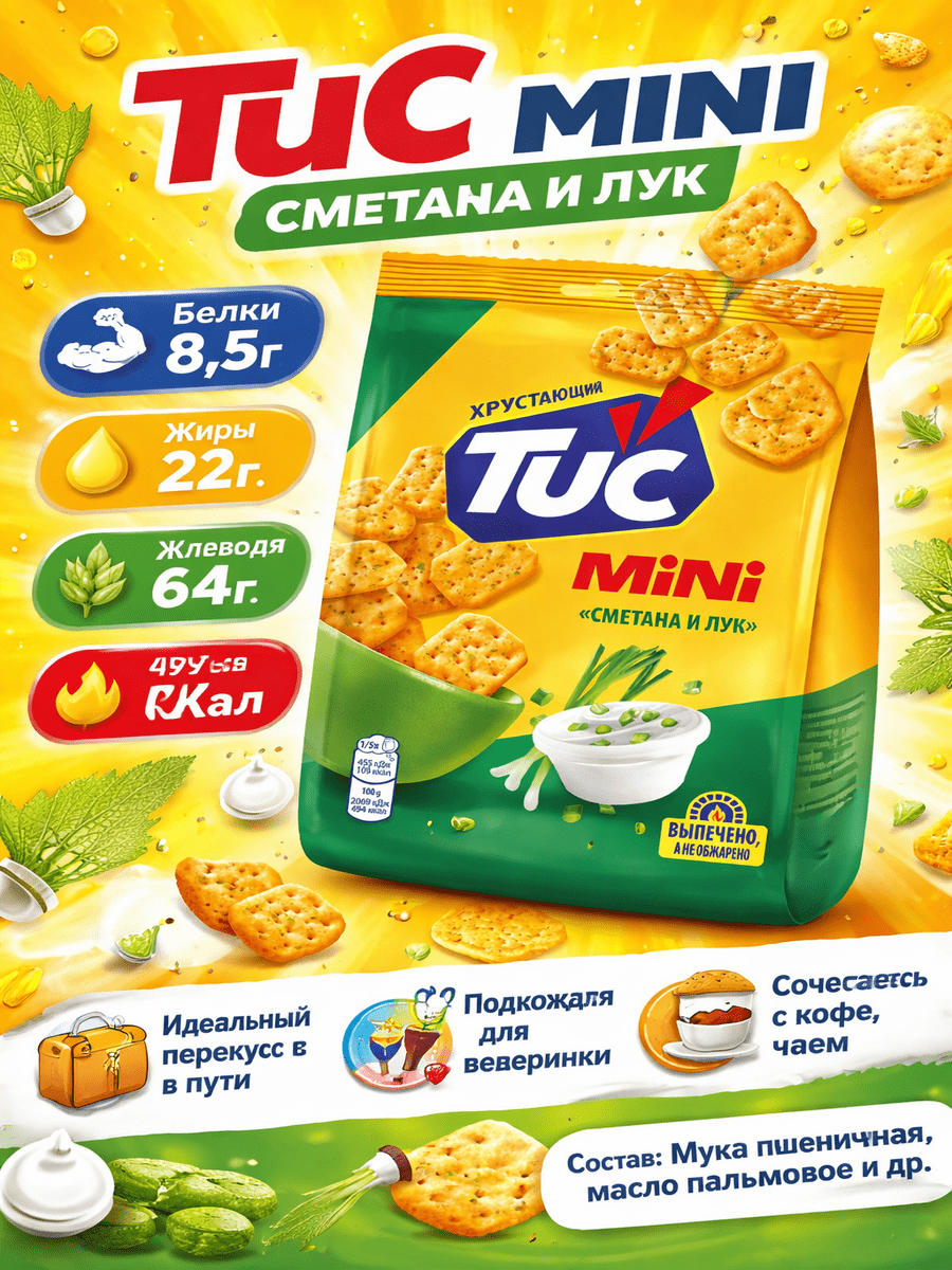 Печенье крекеры Tuc Mini со вкусом сметаны и лука, 110г