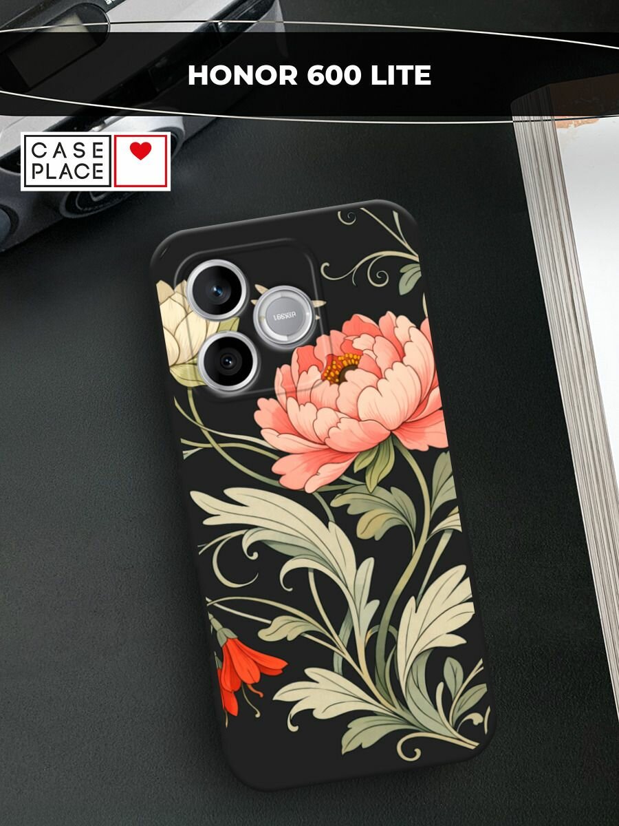 Черный матовый чехол на Honor 600 Lite / Хонор 600 Лайт с принтом Цветы в стиле ар-нуво