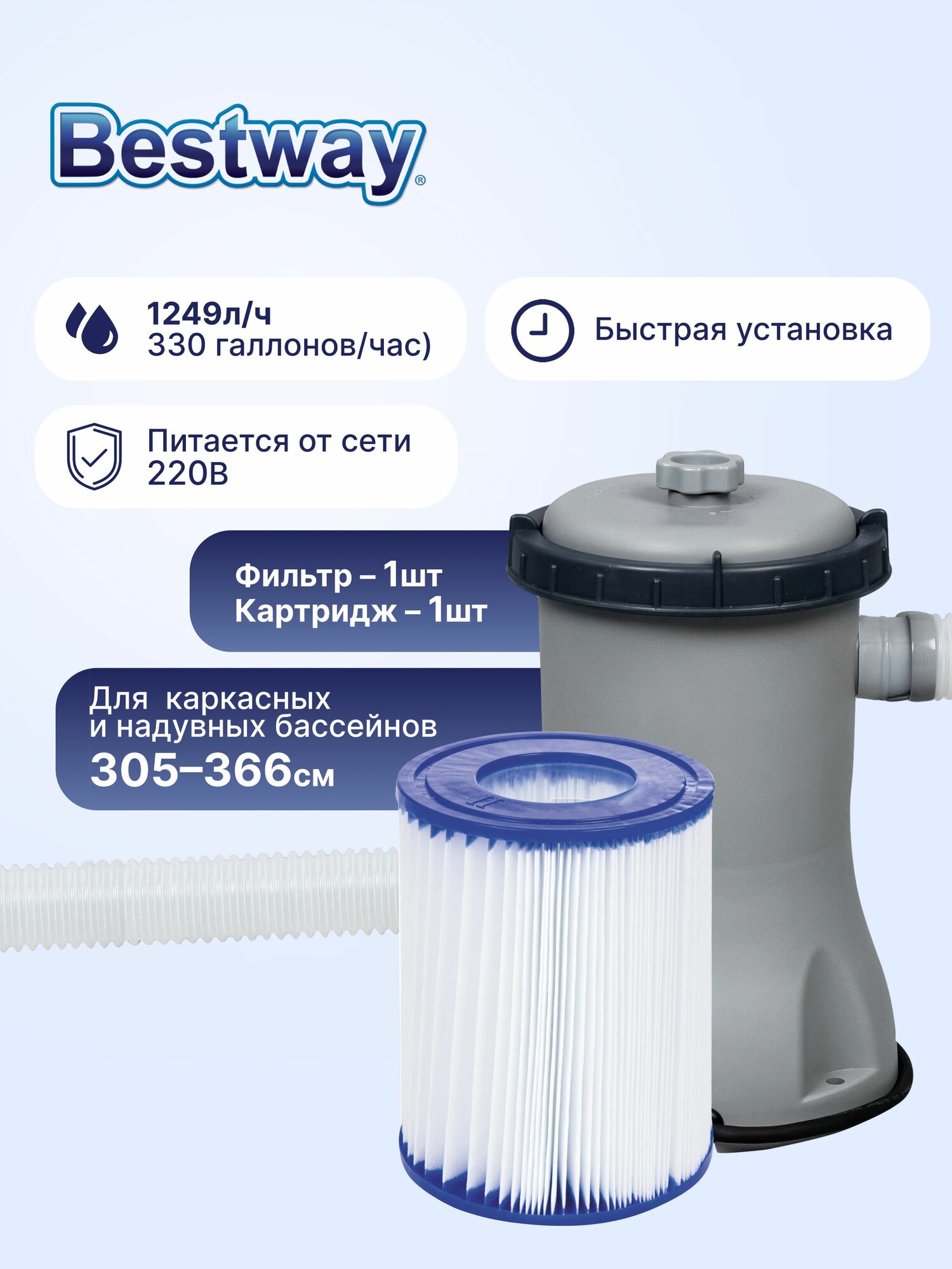 Фильтр насос картриджный Bestway для очистки воды каркасных надувных бассейнов BESTWAY 1249л/ч , арт. 58381