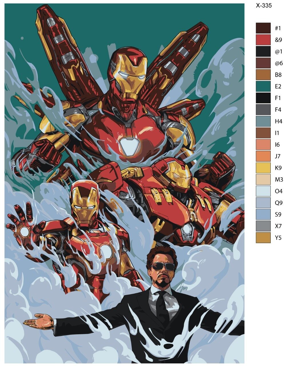 Картина по номерам X-335 "Роберт Дауни-младший - Тони Старк, Железный человек" 40х60