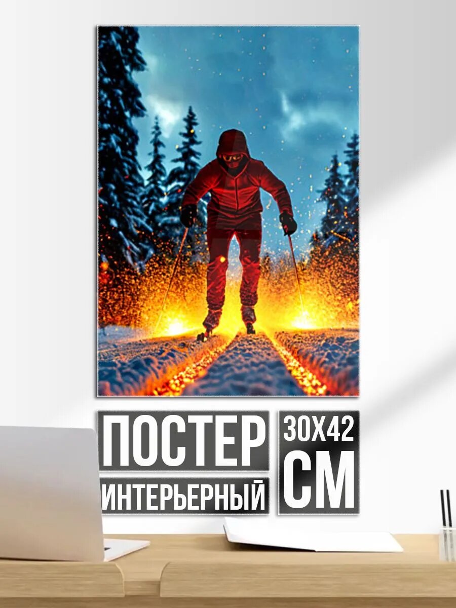 Постер на стену Лыжник на огненной лыжне