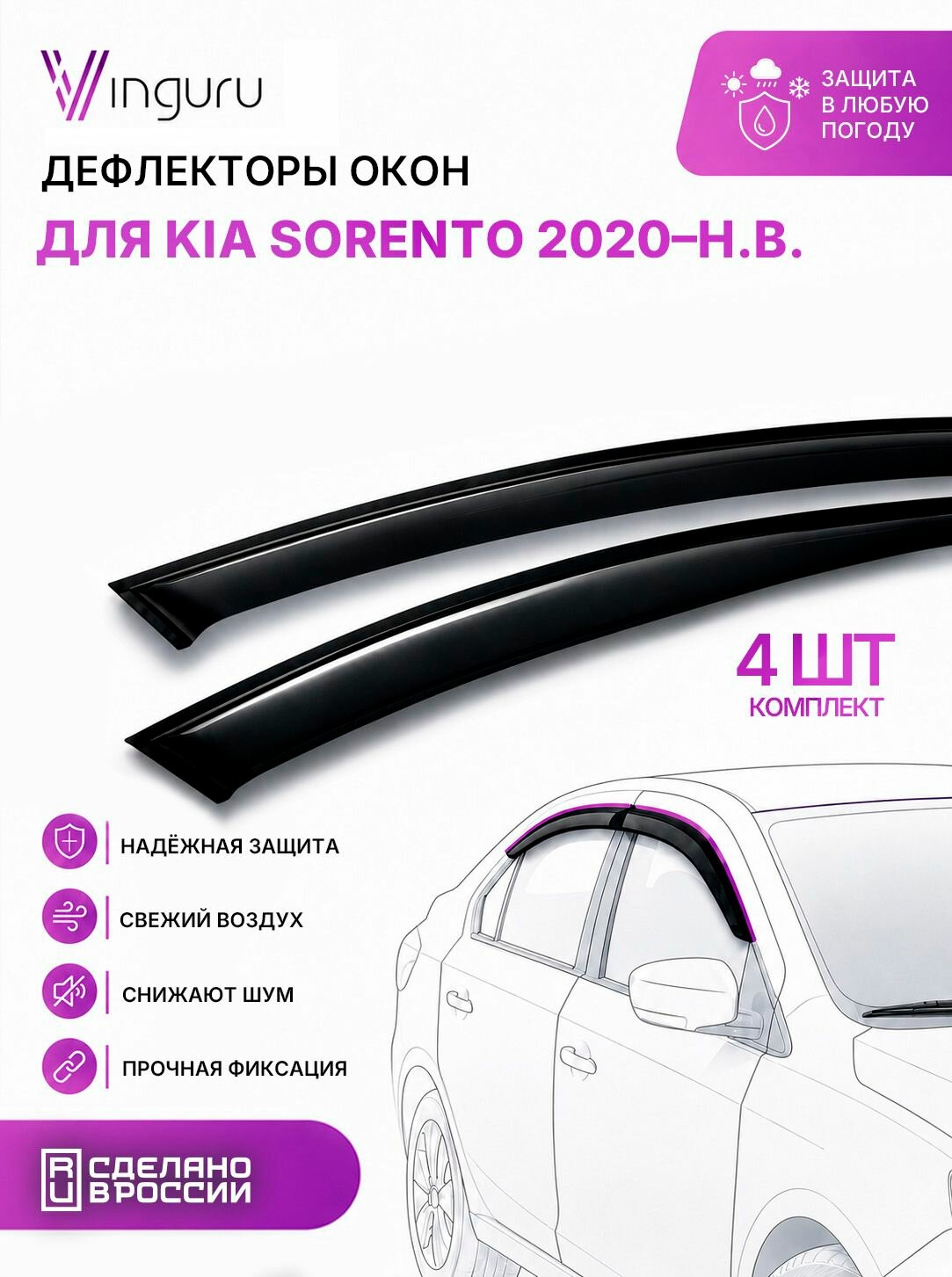 Дефлекторы окон Vinguru KIA Sorento 2020-/вставные/скотч/к-т 4 шт./литьевой поликарбонат / Киа Соренто